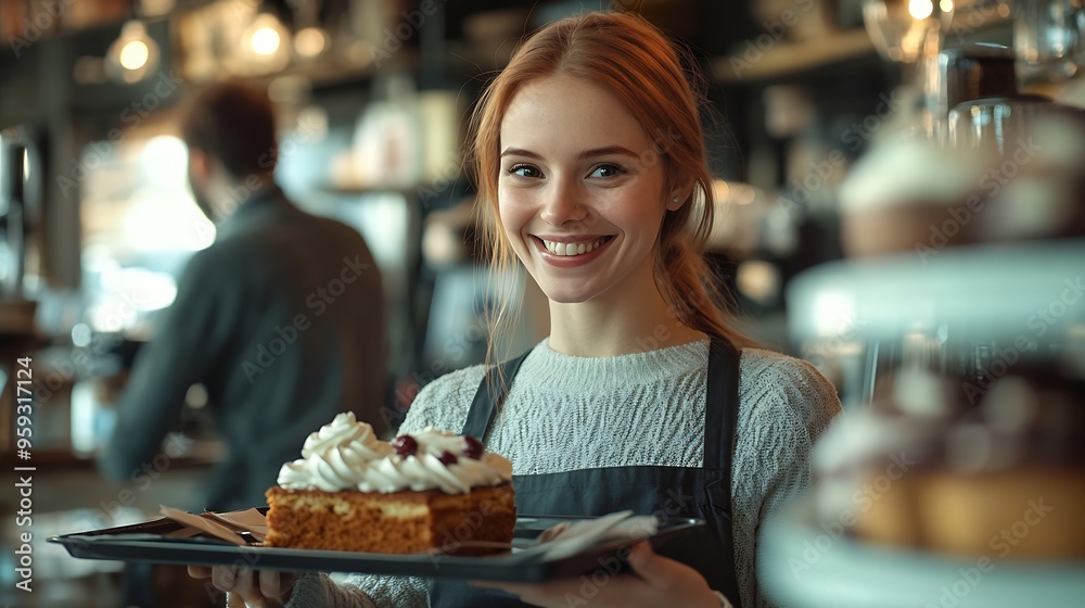 Friendly waitress in a cafe serving coffee and cake on a tray to a ...