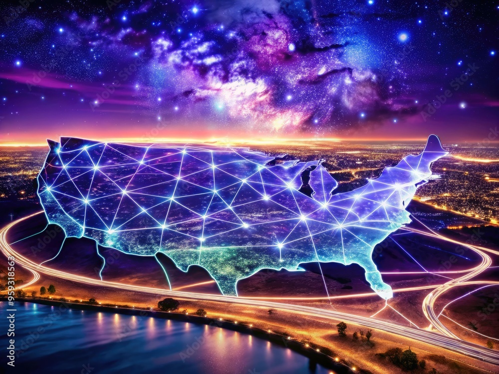 Moody night sky with glowing neon map of Midwest, city lights, and busy ...