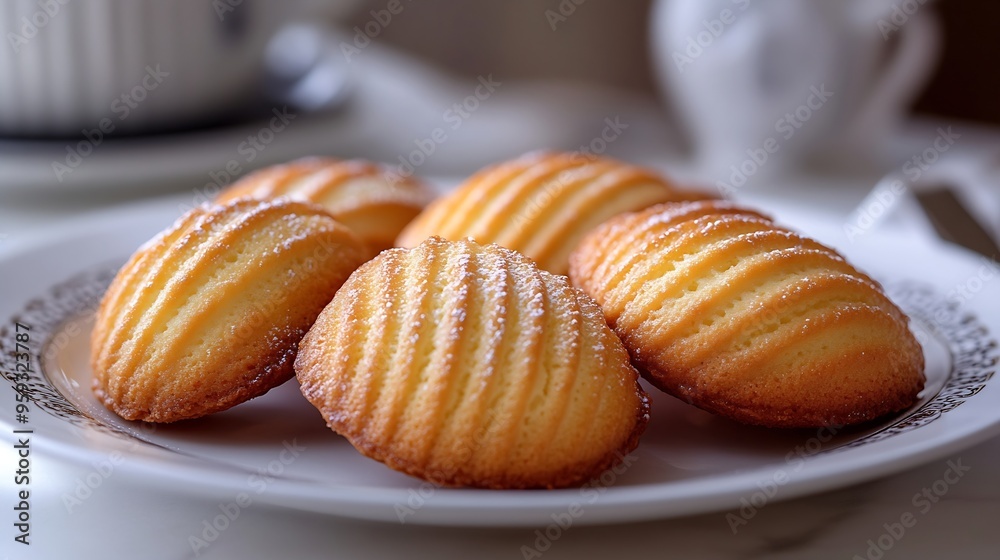 France biscuit Madeleine in white plate Delicious breakfast Traditional ...