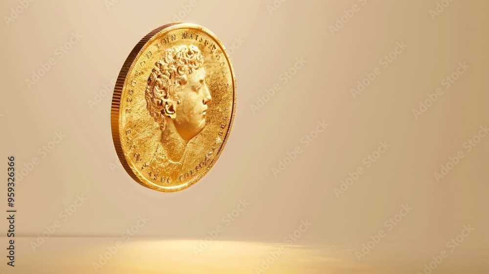 A single, detailed image of a gold coin floating against a plain ...