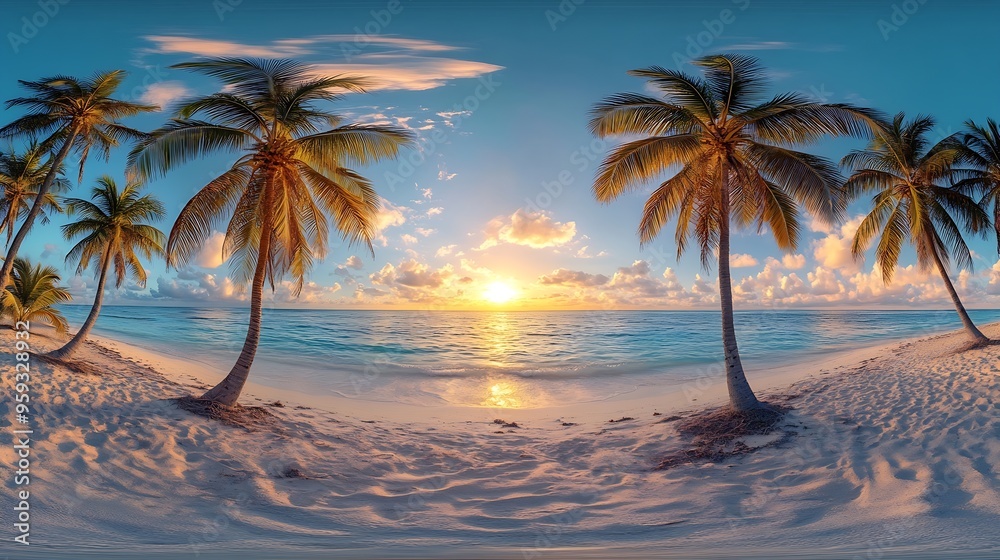 360 hdri panorama with coconut trees on ocean coast on beach at sunset ...
