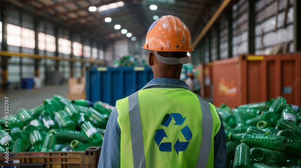A worker wearing a high-visibility vest with a recycling logo and a ...