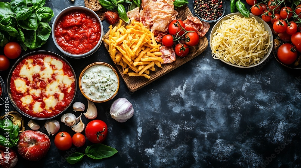 Italian food dishes on dark background Traditional italian cuisine ...