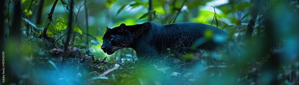 Panther slinking through the forest underbrush, barely visible in the ...