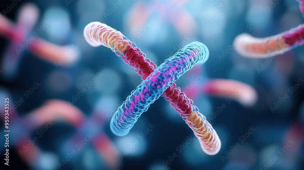 Chromosome crossover during meiosis depicted in a highly stylized image ...