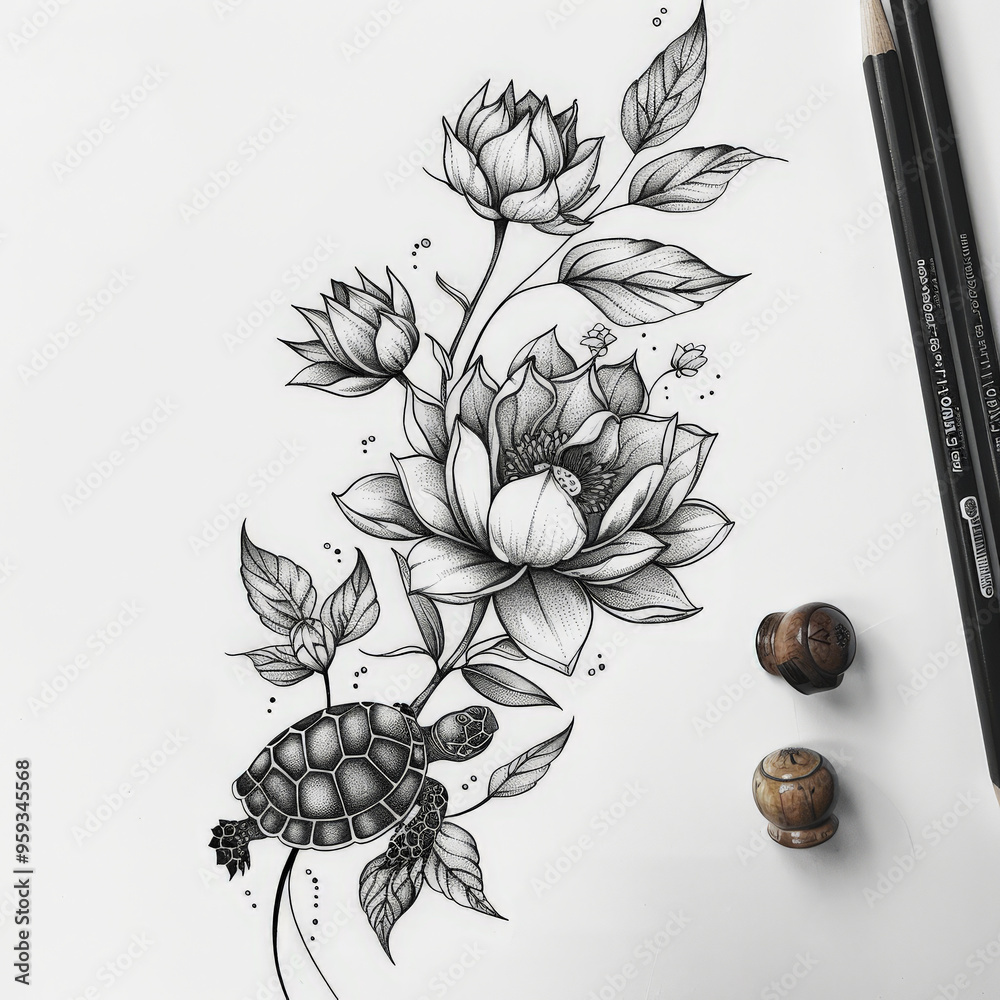 turtle, lotus, vector, illustration, art, animal, design, cartoon ...