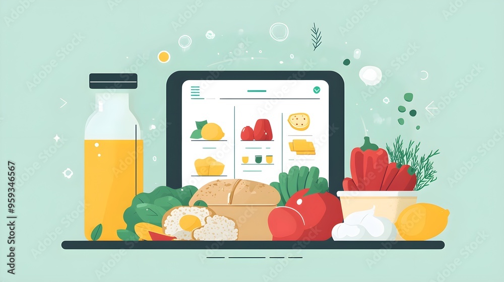 Flat design of a meal planning app with functional recipe selection and ...