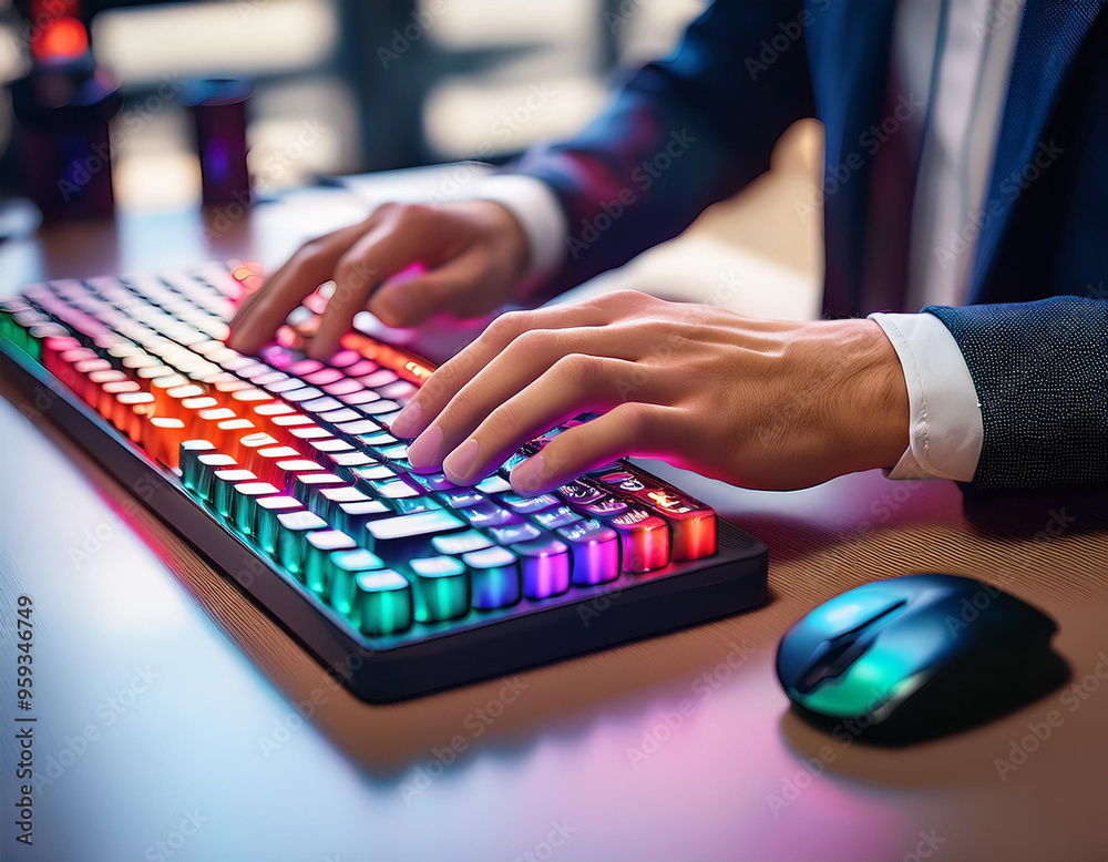 A close-up of hands typing on a mechanical keyboard, with colorful ...