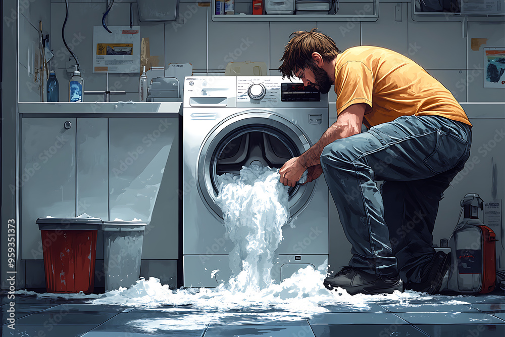A repairman working on a malfunctioning washing machine with its door ...