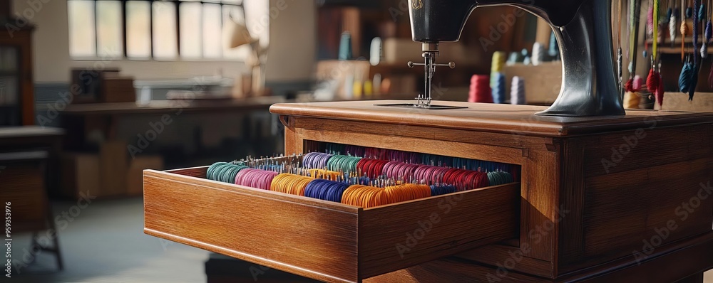 3D model of a vintage embroidery machine with an open drawer filled ...