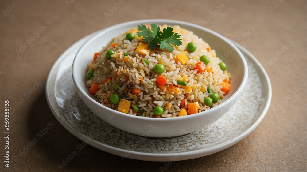 chinese common dish egg fried rice isolated on an aesthetic plating ...