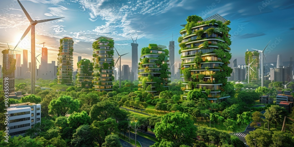 Futuristic sustainable cityscape showcasing advanced green architecture ...