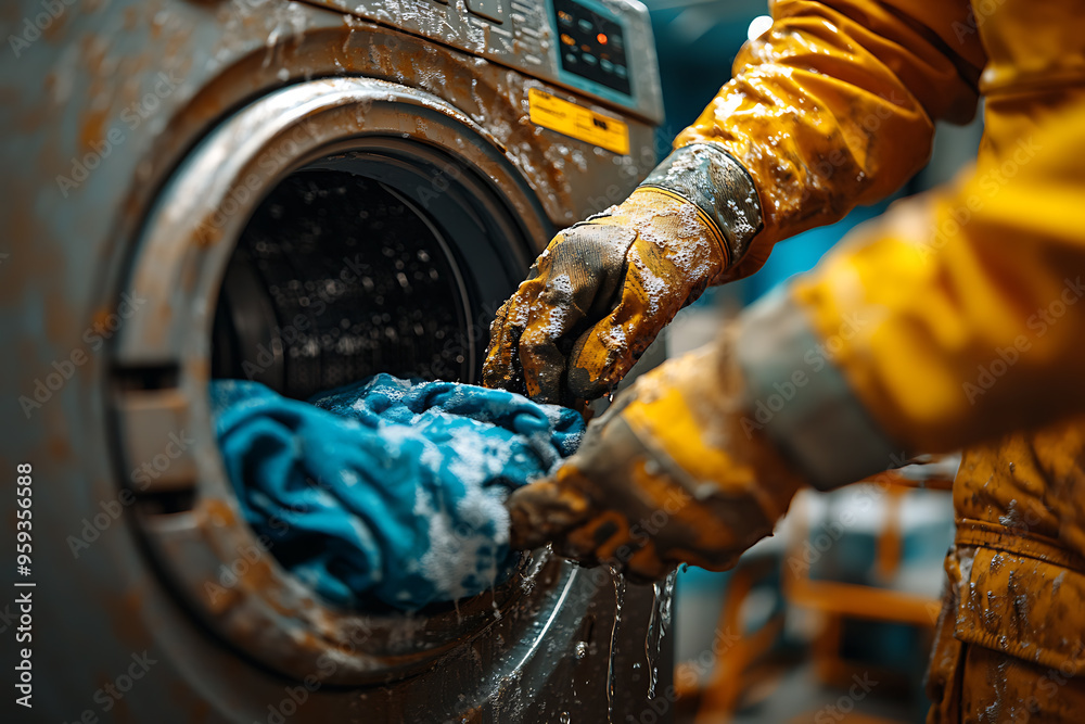 A repairman working on a malfunctioning washing machine with its door ...