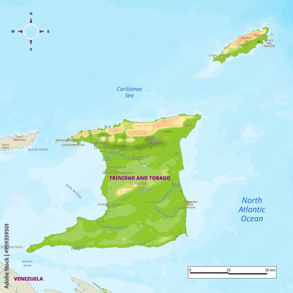 Trinidad and Tobago physical map with national borders, rivers and ...