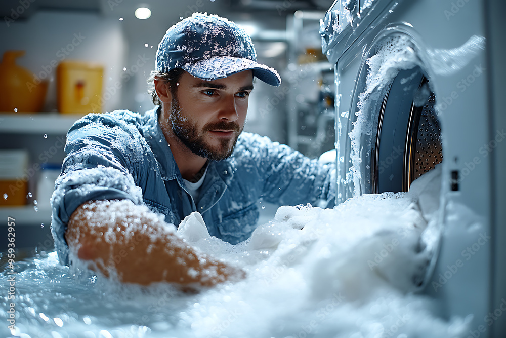 A repairman working on a malfunctioning washing machine with its door ...