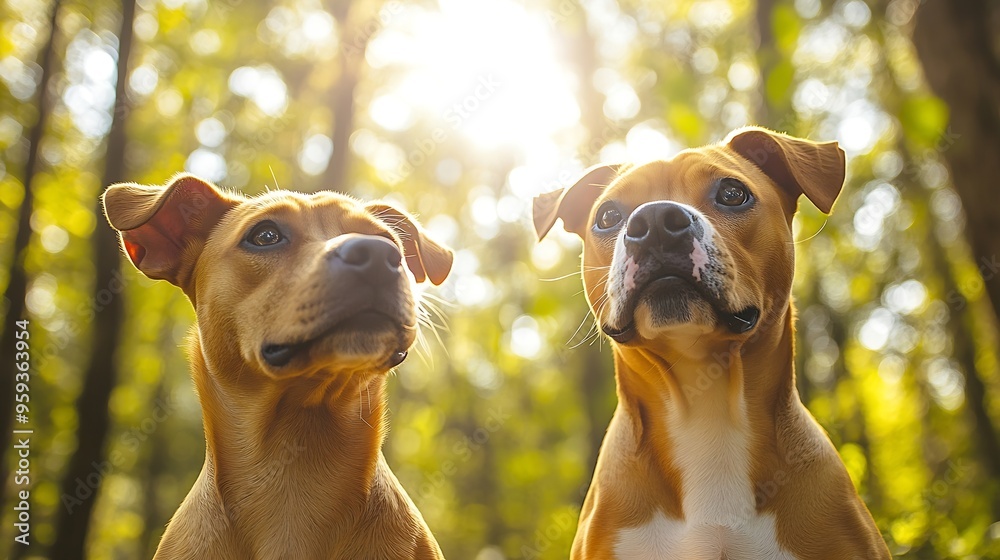 Two dogs in forest looking up at person for treat or obedience training ...