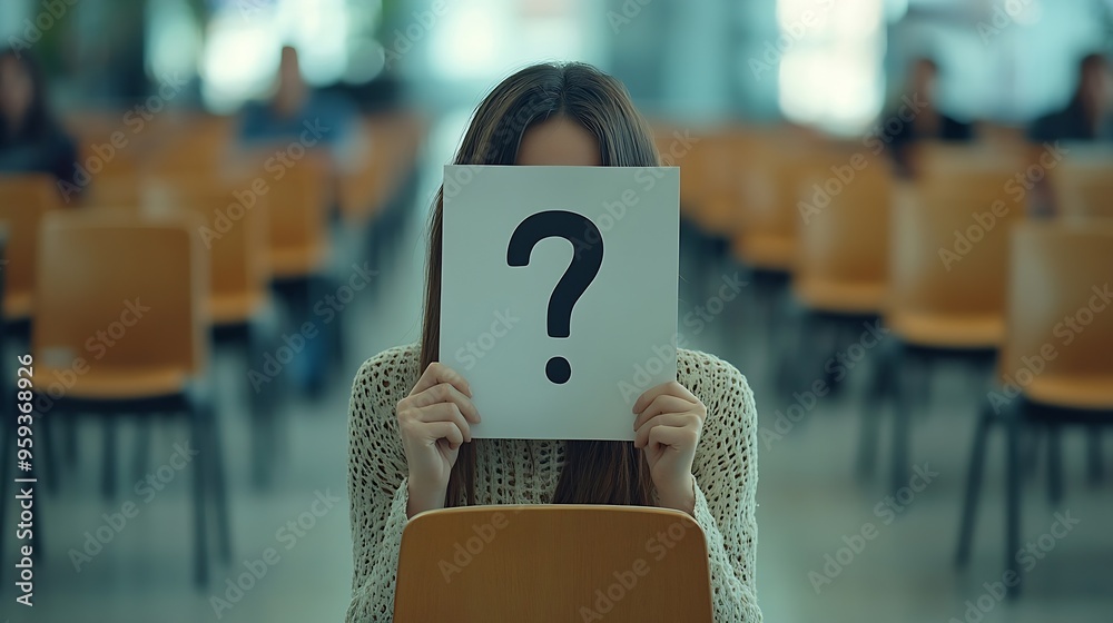 Young woman candidate hiding face behind sheet with question mark ...