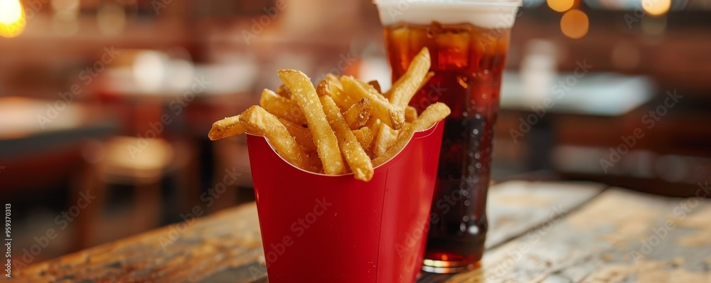 Crispy French Fries in Red Container with a Glass of Iced Tea, French ...