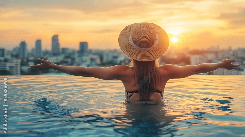 Back view of young woman in bikini with straw hat on the suntanned slim ...
