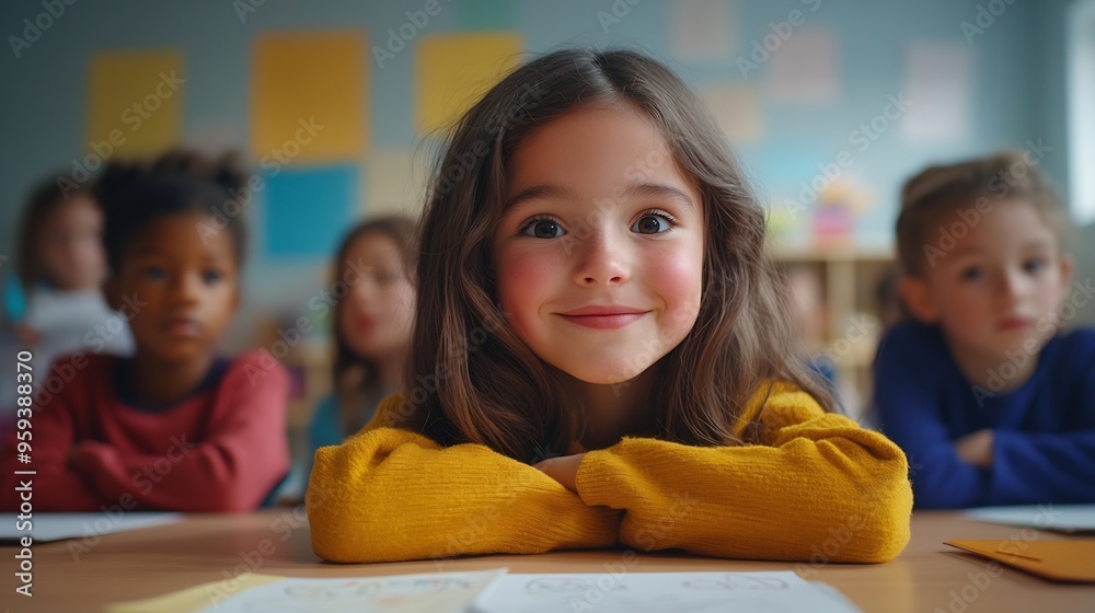 Group of elementary school kids stand around a table in a classroom ...