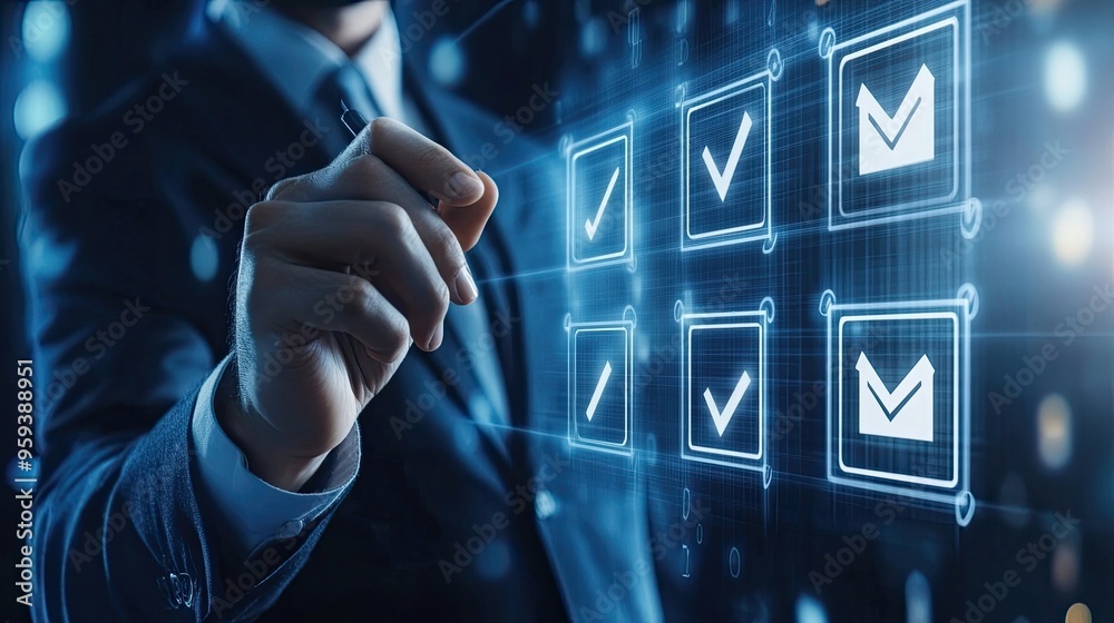 Checklist: Businessman Reviewing Options on Virtual Check Boxes ...