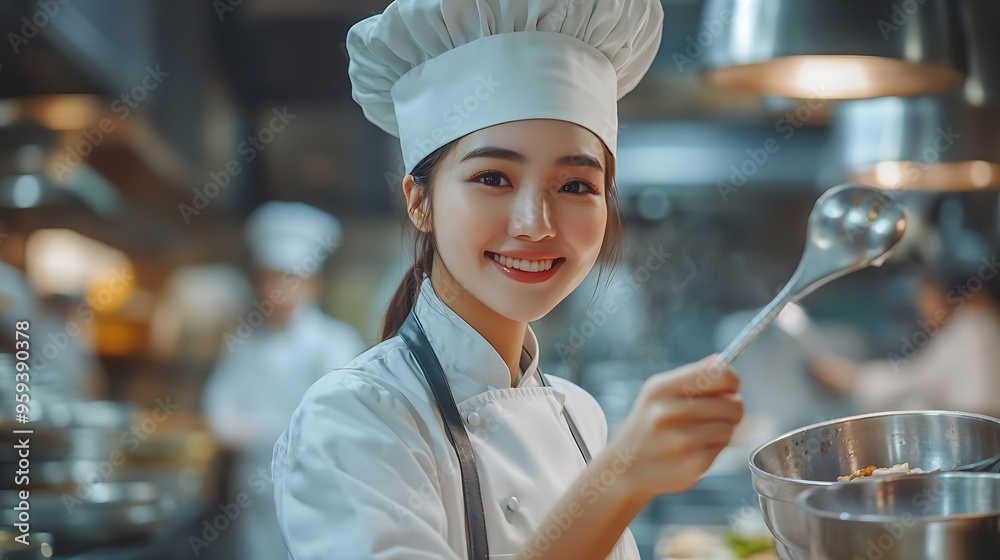 Young beautiful asian woman chef in uniform holding ladle utensils ...