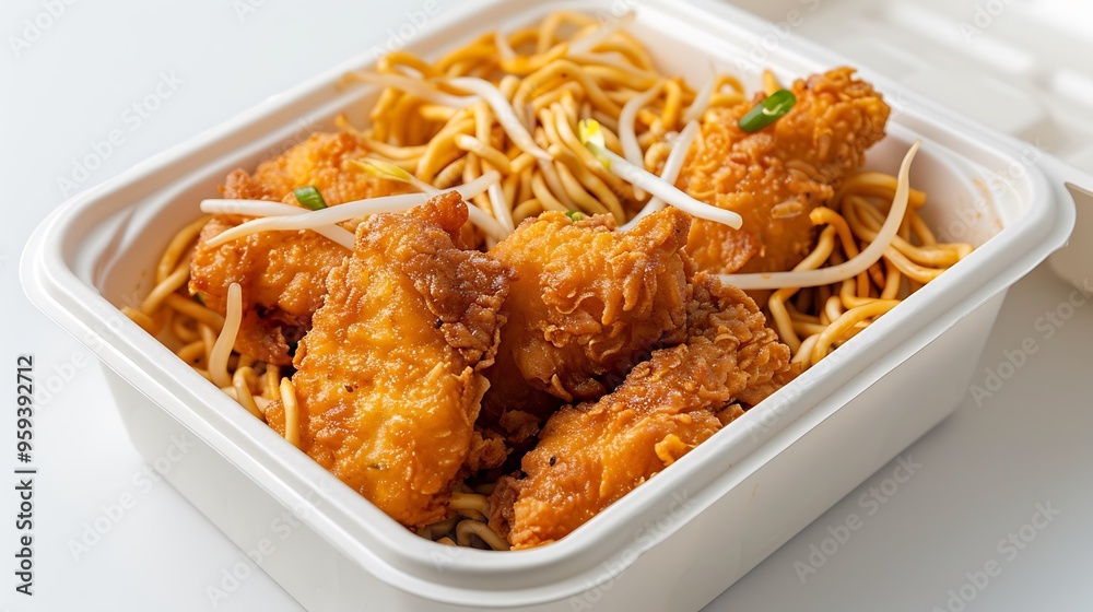 Delicious take out order of crispy breaded chicken with chow mein ...
