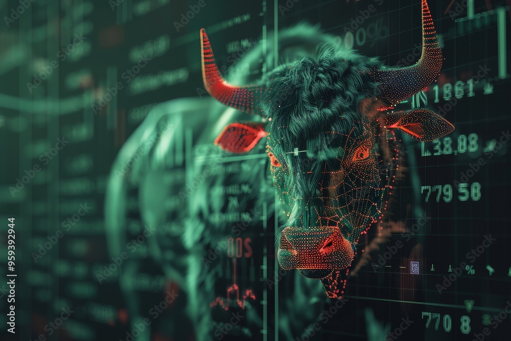 Bull symbol in stock market trading with charts and numbers, cinematic ...
