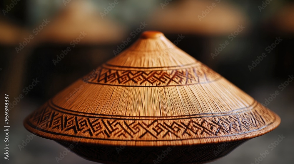 Intricate geometric patterns on a bamboo hat, captured in a realistic ...