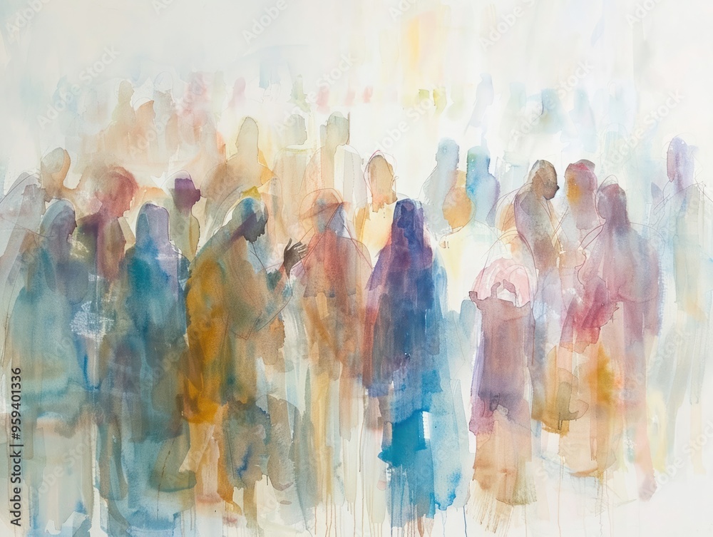 Expressionist watercolor of a Christian gathering blurred figures in ...
