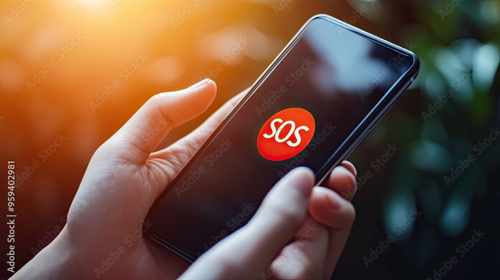 Emergency Signal: Hand Touching SOS Icon on Mobile Phone, Requesting ...