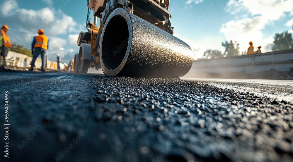 Asphalt being laid on the road with workers in the background, a close ...