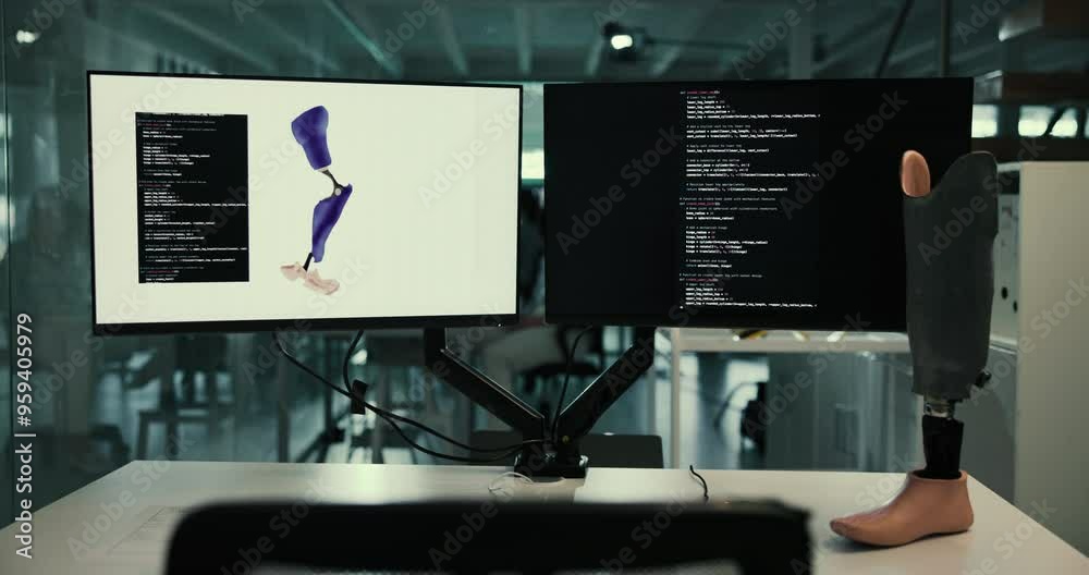 Computer screen, code and programming at desk in laboratory, machine learning and prosthetic ...