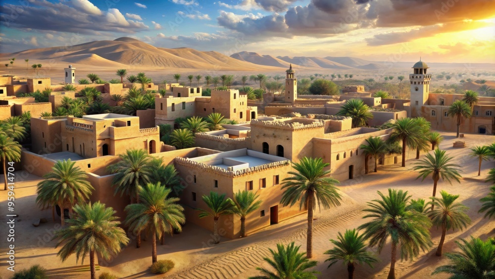 rendering of an Arabic village in the desert, Arabic, village, desert ...