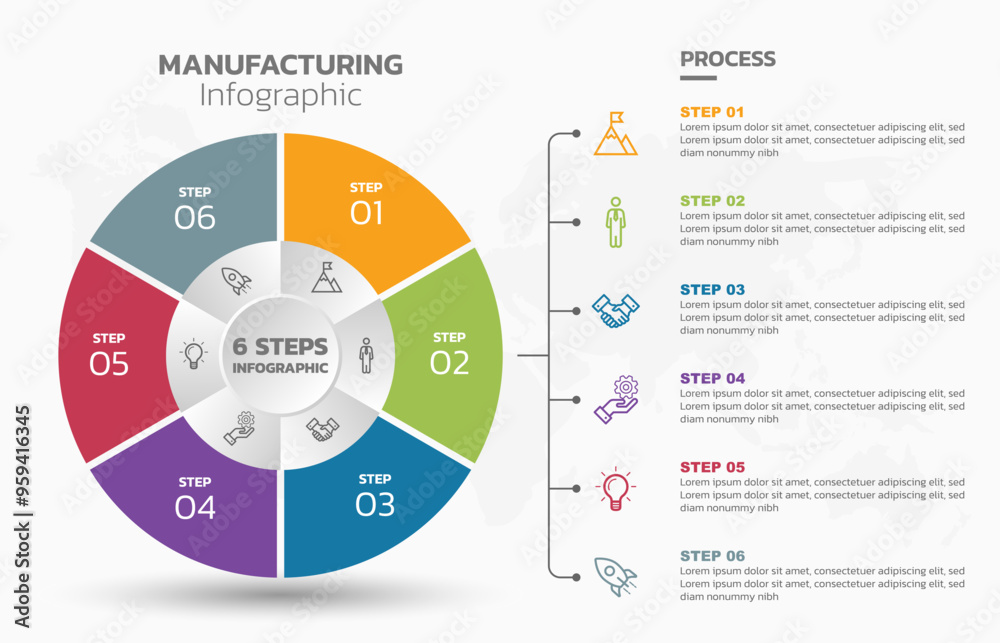 Visual data presentation. Cycle diagram with 6 options. Pie Chart ...