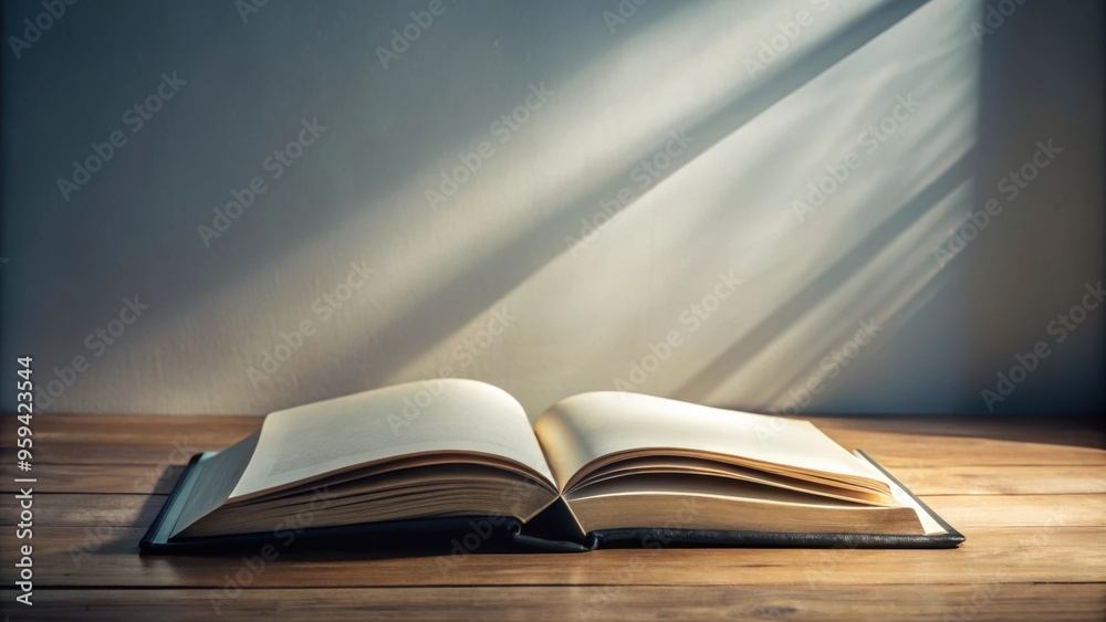 An open blank book on a desktop with light and shadow highlighting its ...