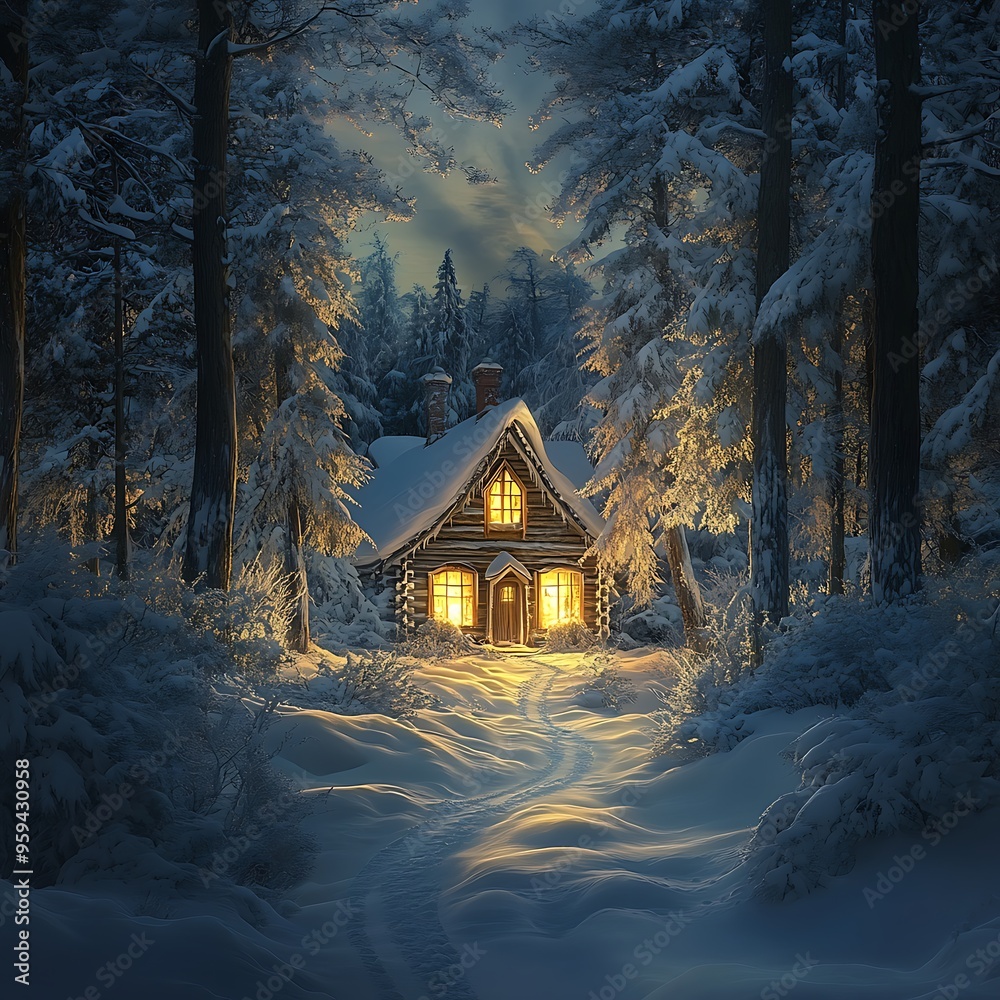Wooden house in a snowy forest clearing, with glowing windows and a ...