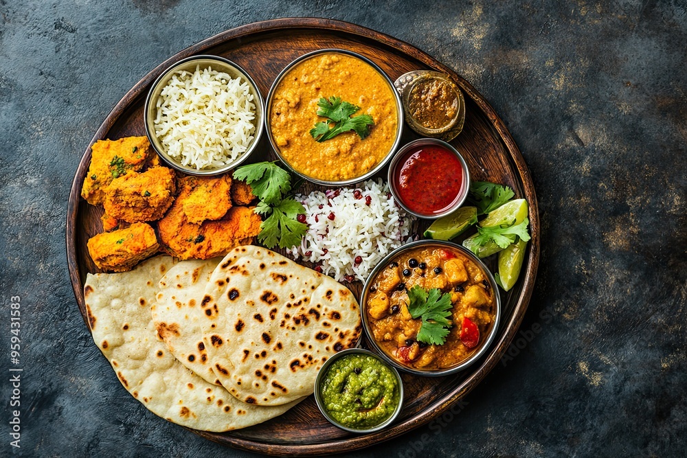 North indian thali top view. Roti, pappad rice and variety of curries ...