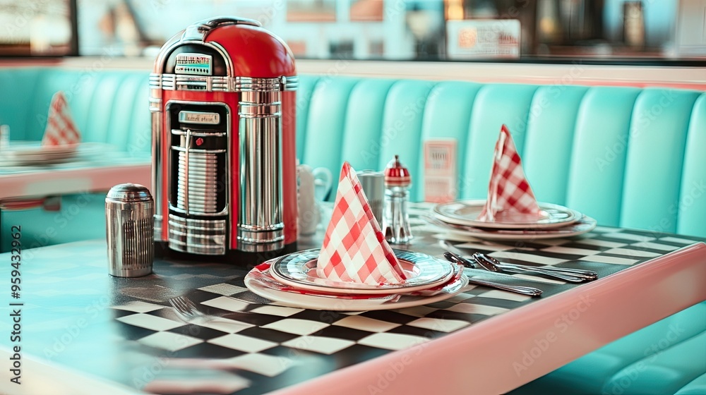 Retro 1950s Diner Table Setting with Checkered Placemats and Jukebox ...