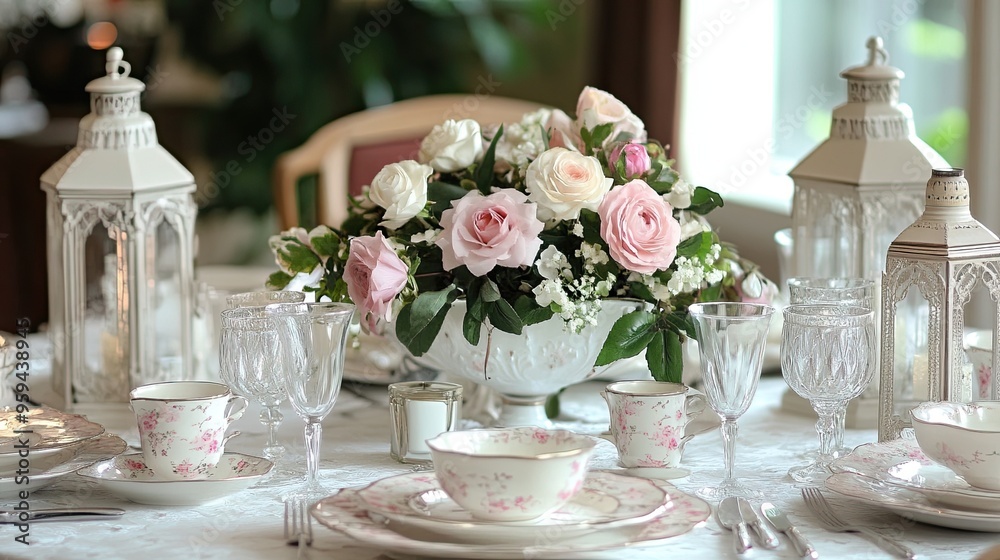 Vintage Table Setting with Antique China and Old-Fashioned Lanterns ...