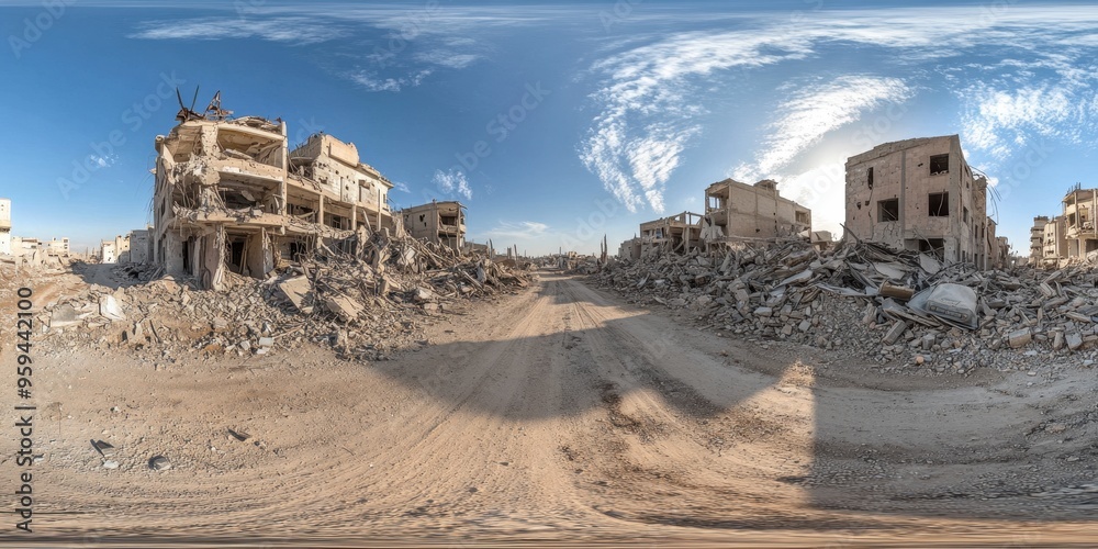 360-degree equirectangular panorama photo of destroyed buildings in the ...