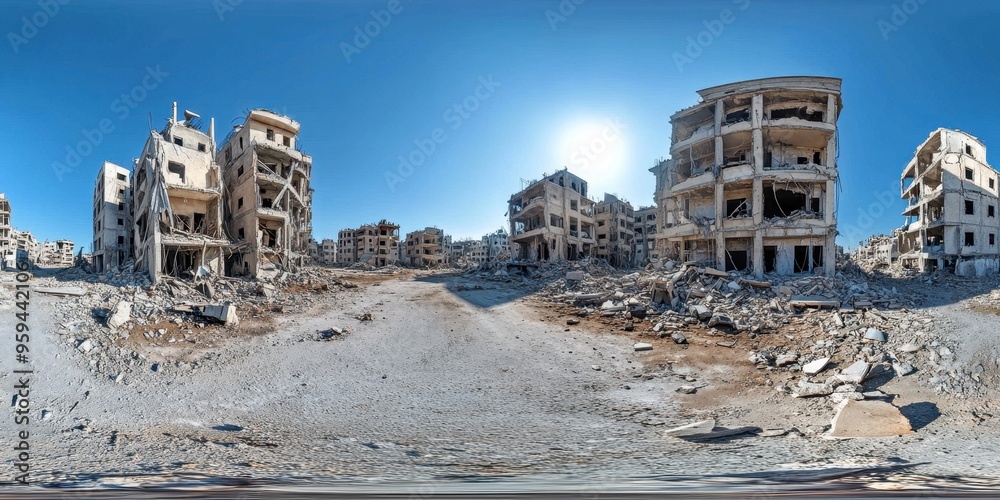 360 degree equirectangular photograph of destroyed buildings in the ...