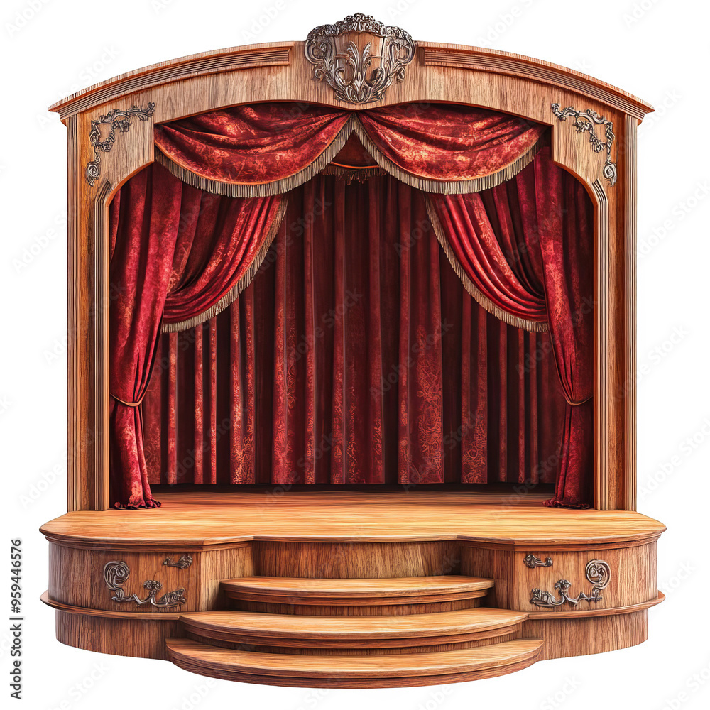 Vintage wooden theater stage with red velvet curtains, evoking a ...