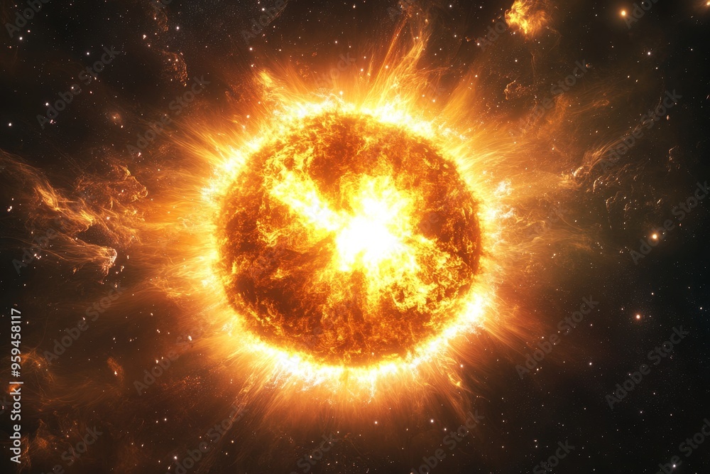 A fiery, glowing sun explodes in a burst of light and heat, surrounded ...