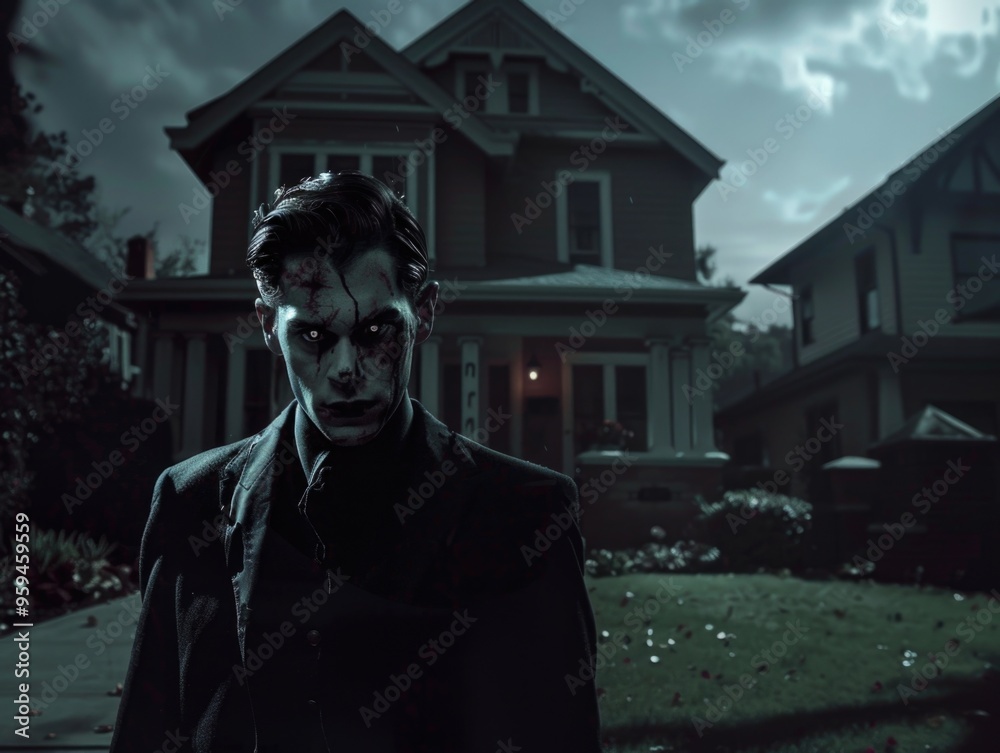 Ominous Vampire in Front of Two-Story House, sinister stare, and dark ...