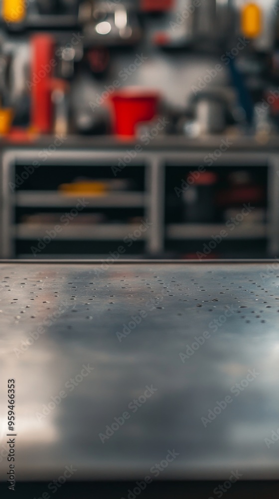 Abstract Automotive Workspace: Blurred Tools and Parts on Metal Table ...