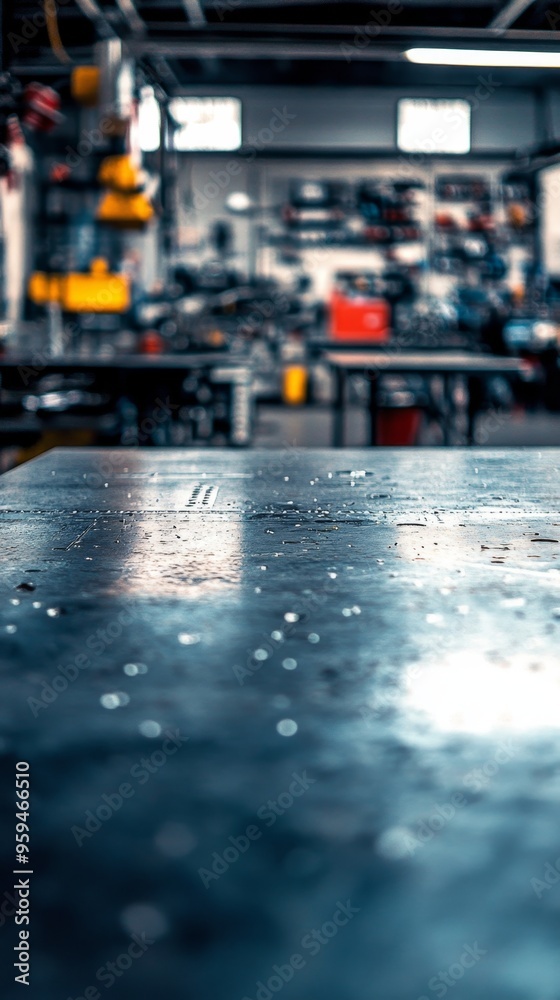 Abstract Automotive Workspace: Blurred Tools and Parts on Metal Table ...