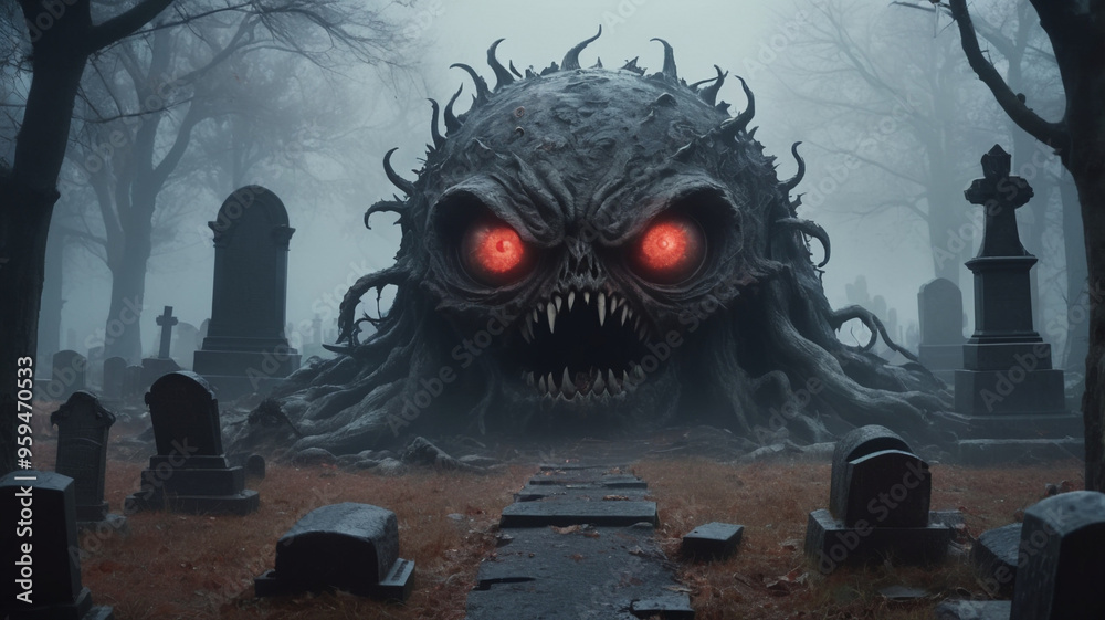 In the middle of a spooky graveyard, a horrifying eyeball monster with ...
