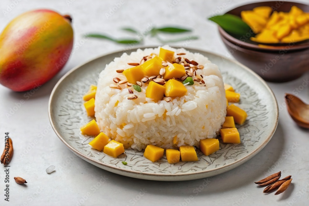 Mango Sticky Rice: Mango sticky rice arranged on a plain white ...