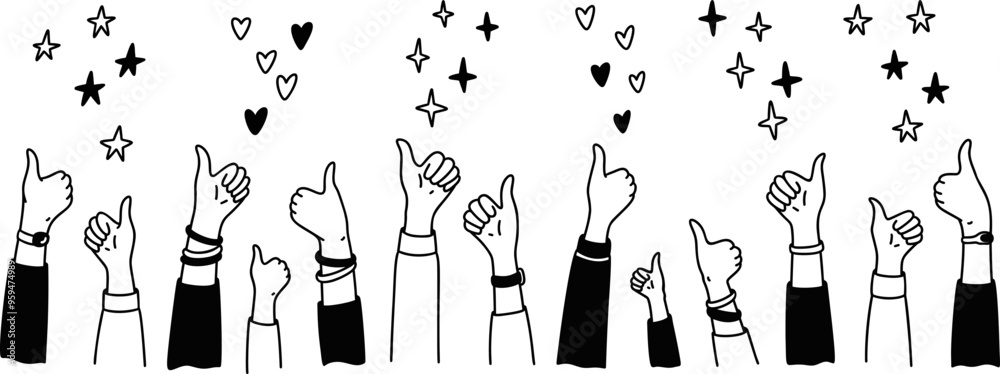 Raising hands with thumb up doodle background. Positive reaction for ...